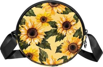 Generic Petit sac &agrave; bandouli&egrave;re rond pour femme, motif tournesol avec fermeture &eacute;clair, bretelles r&eacute;glables, style d&eacute;contract&eacute;, pour femmes et filles