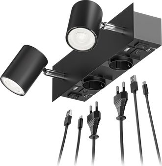 LEDs Com Wandspot WAIKA, 2-flammig, schwarz, Steckdosen, USB-C, USB-A, inkl. LED GU10 Lampen, je 1179lm, 33°, weiß