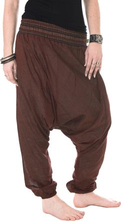 vishes Damen Sommer Haremshose I Dunkelbraun I Einheitsgr&ouml;&szlig;e 106 cm I Luftige Aladinhose mit breitem Smokbund & Gummib&uuml;ndchen I Handgefertigt aus 100% Baumwo