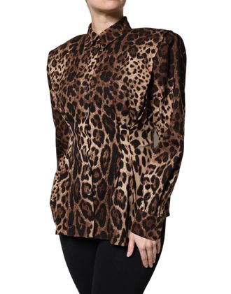 Dolce & Gabbana Womens Brown Leopard Silk Button Down Coat Jacket Elastane Polyester Clothing