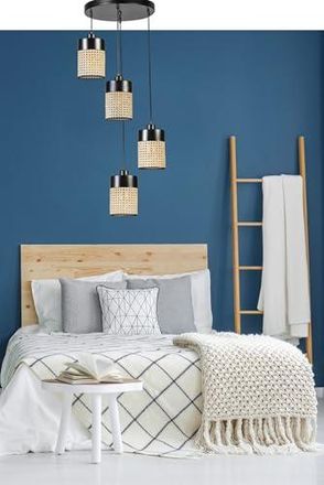 Opviq Elegant Rattan Chandelier, Adjustable Height 70 cm, Metal Body with Natural Rattan Cap, E27 Socket, 14 cm Cap Diameter, Stylish Black Finish for Moder