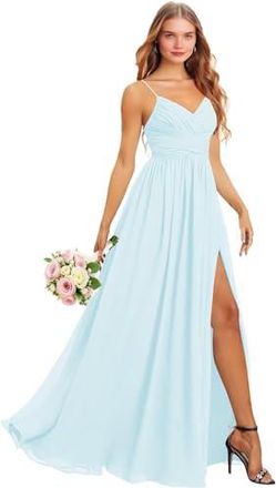Generic Robe de demoiselle dhonneur longue en mousseline de soie avec poches et bretelles spaghetti plissée avec fente pour femme, bleu clair, 56 Grande taill