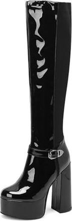 Generic Bottes d&eacute;quitation montantes &agrave; fermeture &eacute;clair pour femme avec ceinture et bout rond et talons &eacute;pais, Noir, 39.5 EU