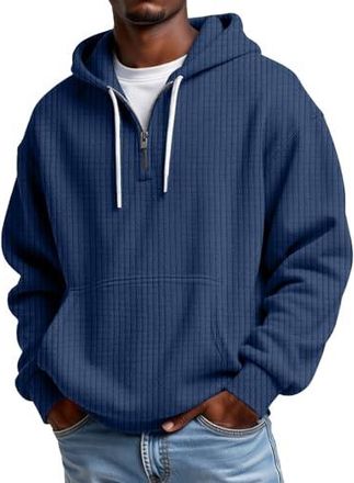 Generic Sweat à capuche gaufré 1/4 pour homme, coupe ample, manches longues avec poche, vêtements dextérieur tendance, vêtements dextérieur confortables, stre