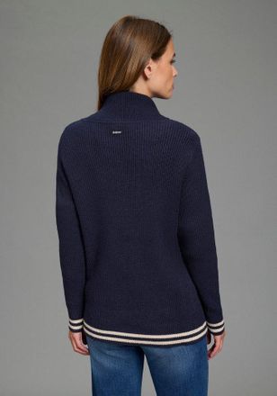 Laura Scott Strickpullover mit hohem Stehkragen, figurumspielende Passform mit Kordelzug und dezenten Kontraststreifen