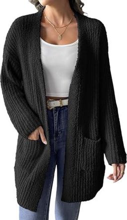 Generic Pull de bureau décontracté ouvert sur le devant en tricot épais avec poches pour femme, Noir, XL