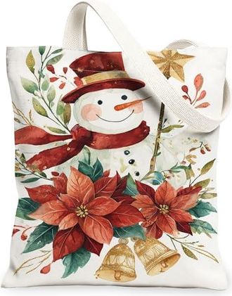 Generic Sacs fourre-tout en toile motif bonhomme de neige r&eacute;utilisables, motif floral festif, charmant motif dhiver, toile l&eacute;g&egrave;re et lavable pour salle de spo