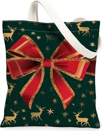 Generic Sacs fourre-tout en toile avec motif renne de No&euml;l, sacs d&eacute;picerie r&eacute;utilisables, festifs, vintage, l&eacute;gers et lavables, vert, 13x15 Inch
