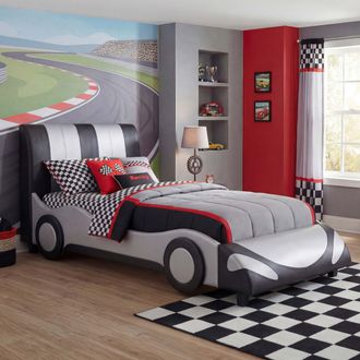 Mendler Bett HWC-E14, Auto Junge Kinderbett Jugendbett, Lattenrost Kunstleder Holz 190x100cm - schwarz-Silber