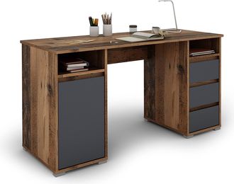 Byliving Schreibtisch Lobo/Arbeits-Tisch in Altholz-Look/Computer-Tisch mit 3 Schubladen, 1 Tür und 2 offenen Fächern/Große Arbeits-Fläche 138 x 55cm / Bürotis