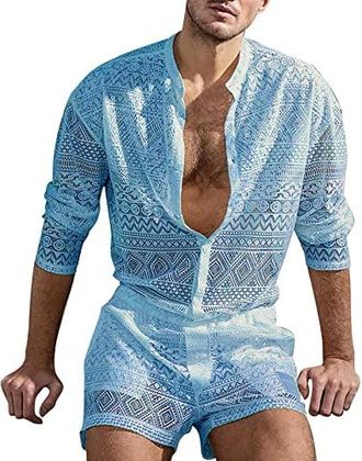 Generic Ensemble Pyjama pour Homme - Haut et Short - Chemise - Short Creux - Couleur Unie - Dentelle - Tenue pour Mariage, Nuit, Lune de Miel, Plage Sexy - Va