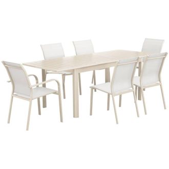 Sweeek Table de jardin extensible aluminium + 6 assises beige. 4 chaises. 2 fauteuils. 6 places. textil&egrave;ne