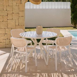 Sklum Set aus 100 cm rundem Aluminiumtisch Valerie und 4 stapelbaren Gartenst&uuml;hlen Omara Gardenia Wei&szlig; - Sklum