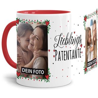 Tassendruck Tasse - Lieblings-Patentante - zum selbst Gestalten mit zwei Fotos - Fototasse f&uuml;r die Patentante - Keramik, Innen & Henkel Rot, 300 ml