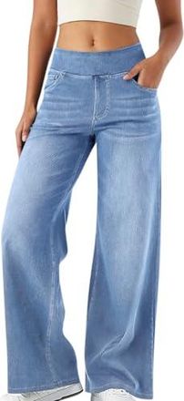 Minetom Jean Femme Taille Elastique Jeggings Taille Haute Bootcut avec Poches Flared Slim Pantalon De Yoga Denim Leggings Évasé Jambe Large Stretch C Bleu 02 