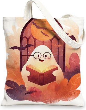 Generic Sacs fourre-tout en toile dHalloween, motif fantôme mignon, sacs dépicerie réutilisables, légers et lavables avec bandoulière pour Sh, blanc, 13x15 In
