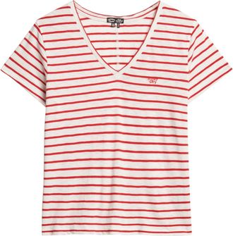 Superdry Damen Strukturiertes T-Shirt mit V-Ausschnitt und Stickerei College-Rot/Wei&szlig; Gestreift 36