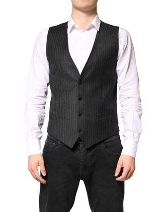Dolce & Gabbana Black Stripes Wool Dress Men Waistcoat Vest Virgin