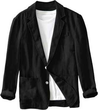 Generic Blazer en coton et lin pour homme - Chemise à manches longues pour homme - Coupe ample - Couleur unie - Printemps - Automne - Blazers pour hommes - Co