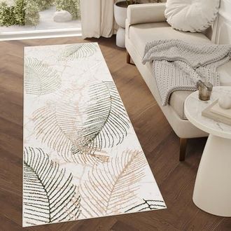 Tapiso Crystal Tapis Couloir Long sur Mesure Tapis de Passage Poils Ras Tapis Entr&eacute;e Chambre Salon Moderne Vert Cr&egrave;me Beige Feuilles de Palmier Effet 3D Oeko