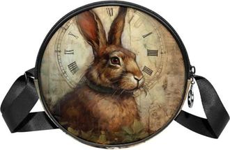 Generic Sac &agrave; bandouli&egrave;re rond pour femme, motif lapin vintage, sac &agrave; dos &agrave; bandouli&egrave;re avec fermeture &eacute;clair, bretelles r&eacute;glables, sac &agrave; main rond d&eacute;contract