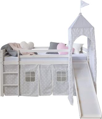 Homestyle4u 1886, Kinderbett Hochbett 90x200 Wei&szlig; Hellgrau Bettgestell mit Rutsche Treppe Turm Vorhang Sterne Holz Kiefer