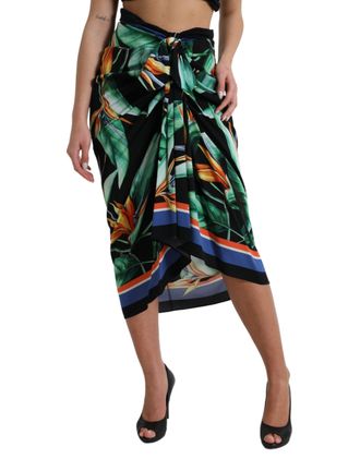 Dolce & Gabbana Womens Black Strelitzia High Waist Wrap Midi Skirt Silk Elastane