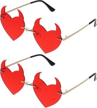 IFUNDOM Lot de 2 Lunettes de Soleil sans Monture de Coeur et Cornes Plastique L&eacute;ger Verres Rouges Lunettes Disco Originales pour F&ecirc;tes Soir&eacute;es et Plage Access