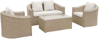 Sweeek Gartengarnitur Polyrattan 4 Pl&auml;tze Valentino + Kissen Natur / Beige