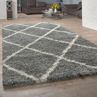 Paco Home Paco Home - Hochflor Teppich Wohnzimmer Shaggy Skandi Modernes Rauten Muster Grau Creme ø 160 cm Rund