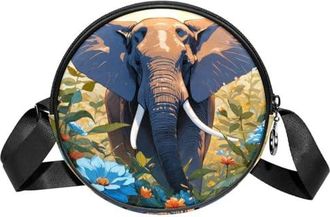 Generic Petit sac &agrave; bandouli&egrave;re rond pour femme, motif &eacute;l&eacute;phant, fleur d&eacute;l&eacute;phant avec fermeture &eacute;clair, bretelles r&eacute;glables, sac &agrave; main rond d&eacute;contract&eacute; pour 