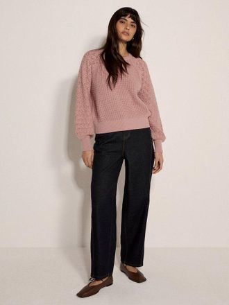 Apricot Rundhalspullover Kurzer Pullover aus Pointelle-Waffelstrick in unifarben