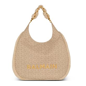 Balmain Femme, Sacs, Beige, Taille: ONE Size Sac 1945 Soft Hobo Large en Nylon monogramme PB Labyrinthe