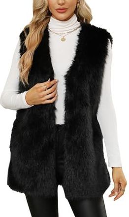 Feoya Gilet Fourrure Femmes Gilet éLéGant Polaire Teddy Fausse Veste Peluche Sans Manches Veste DHiver Fourrure Cardigan Duveteux Noir XXL