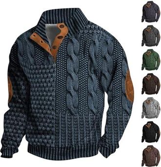 Generic Pull dhiver épais et chaud pour homme - Sweat-shirt boutonné avec coude chaud pour homme, tricot torsadé doux, pull décontracté pour lautomne et lhive