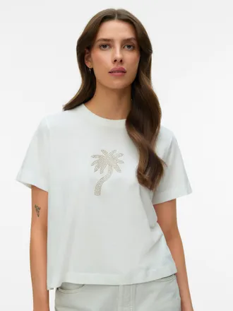 Vero Moda Kurzarmshirt VERO MODA VMPALMA METTE SS TOP BOX JRS, Damen, Gr. XS, snow wei&szlig; print:palm, Jersey, Obermaterial: 100% Baumwolle, bedruckt, normal norma