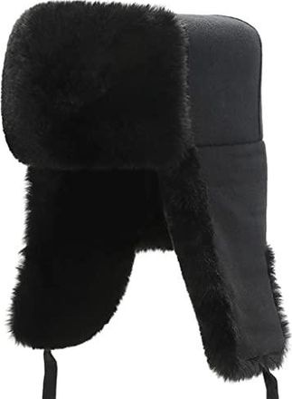 Generic Chapeau de trappeur daviateur dhiver unisexe avec fausse fourrure en peau de mouton russe Ushanka, Noir - 58-59 cm, L