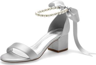 Generic Chaussures De Mariage Sangle De Cheville Talon Bas Femme Talon Satinée des Pompes Mariée Peep Toe Chunky Heels 5.5Cm,Argent,40 EU