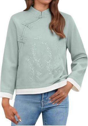 Generic Hauts en coton et lin pour femme - Broderie florale vintage - Bouton grenouille chinoise - Manches 3/4 - Chemises d&eacute;contract&eacute;es, Vert, 3XL