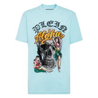 Philipp Plein T-Shirt Rundhals Hawaii - - Tops - Herren - Blau - 2XL