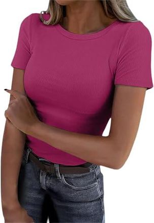 Generic T-shirt &agrave; manches courtes pour femme - Col rond - Maille c&ocirc;tel&eacute;e - Coupe ajust&eacute;e - T-shirt basique d&eacute;t&eacute; d&eacute;contract&eacute;, Rose, M