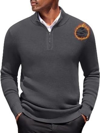 Coofandy Pull &agrave; Col Montagne et Fermeture &Eacute;clair Quart de Longueur pour Homme Pull Tricot&eacute; Doubl&eacute; Pullover dhiver Pulls Chauds pour Le Travail Gris Fonc&eacute; XXL