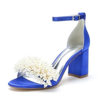 Generic Chaussures De Mariage Femmes Bloc Chunky Haut High Talon Heel Ouvert Bout Sandales Lani&egrave;res Cheville Mari&eacute;e Talons Chaussures 8Cm,Bleu,42 EU