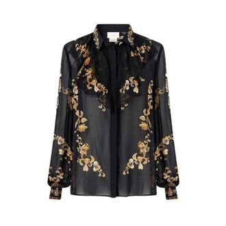 Camilla Chemise en soie &agrave; col et d&eacute;tails &agrave; volants - Taurus Rising - Femme - Blouses et Chemises - Noir - Taille: 42 FR