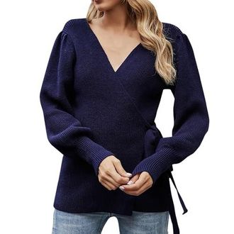 Generic Cardigan en tricot pour femme avec col en V et lien sur le c&ocirc;t&eacute; - Tendances dautomne et dhiver - &Eacute;l&eacute;gant - C&ocirc;tel&eacute;, noir fonc&eacute;, XL