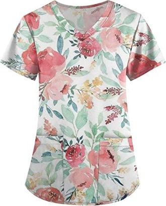 Generic Générique T-Shirts à Manches Courtes Femme,Tenue Aide Soignante Femme Blouse Estheticienne Professionnelle Hauts De Travail Imprimé Femme Grande Taill