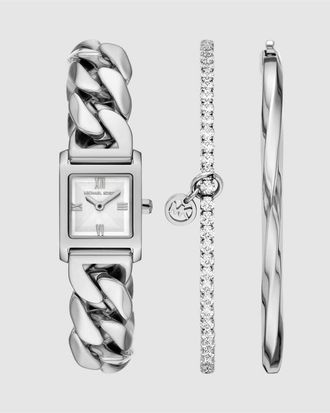 Michael Kors Georgie montre et bracelet &agrave; deux aiguilles en acier inoxydable argent&eacute;