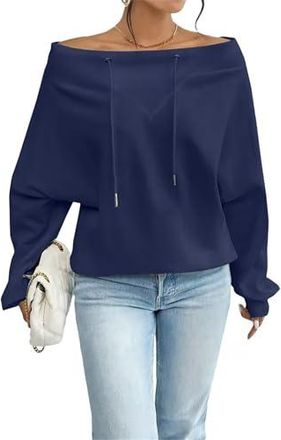 Generic Chemises surdimensionnées à manches longues et col bateau avec cordon de serrage pour femme, sweat-shirt dété décontracté à col bateau, coupe ample, b