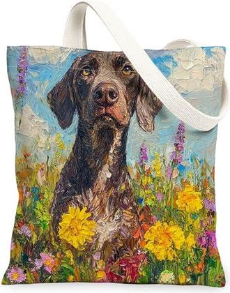 Generic Sac fourre-tout en toile r&eacute;utilisable pour le shopping, 33 x 38,1 cm, motif chien &agrave; poils courts, peinture &agrave; lhuile, motif fleurs sauvages, chiot - Sa