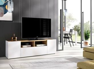 Dmora TV-Schrank Etna, niedriges Sideboard für Wohnzimmer, TV-Sideboard für Wohnzimmer, 142x35h44 cm, Weiß und Eiche Nodi
